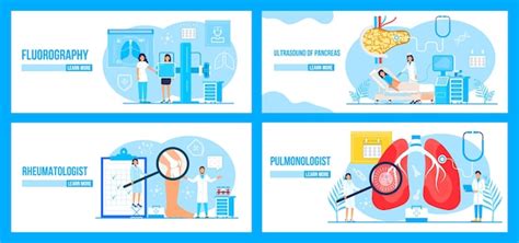 Fluorography 류마티스 전문의 췌장 Pulmonologist 개념 웹사이트에 대 한 벡터 폐 섬유증 결핵 폐렴 그림 설정 프리미엄 벡터