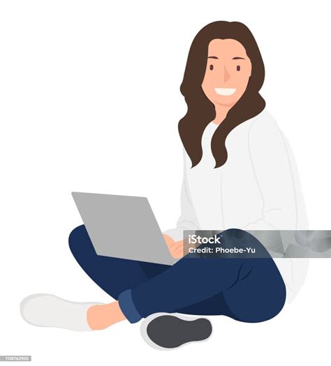 만화 사람들 캐릭터 디자인 젊은 여 자가 바닥에 앉아서 교차 다리와 노트북을 사용 하 여 귀여운에 대한 스톡 벡터 아트 및 기타 이미지 귀여운 노트북 노트북 사용하기