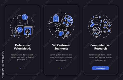 Pricing Strategy Development Night Mode Onboarding Mobile App Screen Walkthrough 3 Steps