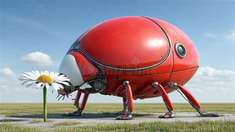 A Large Robotic Ladybug With A Shiny Red Shell And Mechanical Legs Approaches A White Daisy In