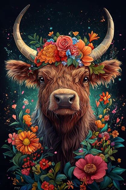 Highland Cow With Floral Crown Premium Ai Generated Image