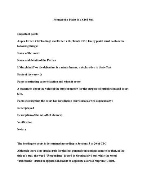 Format Of A Plaint In A Civil Suit Drafting Pdf Lawsuit Cheque