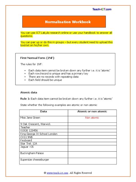 Y12 Normalisation Workbook Pdf Computing Data Management