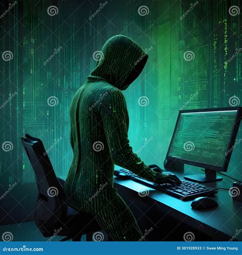 Image Of A Vibrant Cascading Of Colorful Silhouette Cyber Crime Hacker On Mainframe Computer In