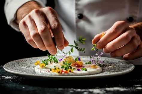 A Chef Plating An Elegant Dish On The Table Food Hands Presentation
