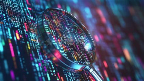 Magnifying Glass Over Colorful Digital Data Streams Illustrating Technology And Data Analysis