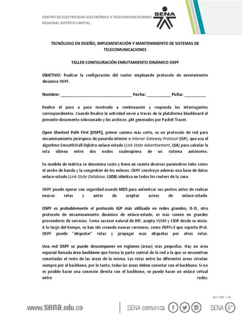 Taller Configuración Ospf Pdf Protocolos De Comunicaciones Estándares De Internet