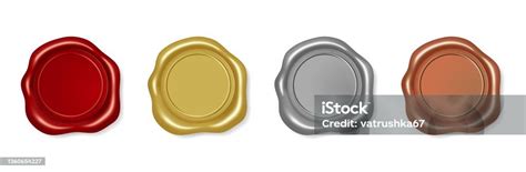 빨간색과 금색 왁스 씰 스탬프 실버 또는 플래티넘 인증서 씰 사실적인 왁스 메달리온 시그니처 스탬프 밀봉 된 문자 라벨 벡터 세트 우표에 대한 스톡 벡터 아트 및 기타