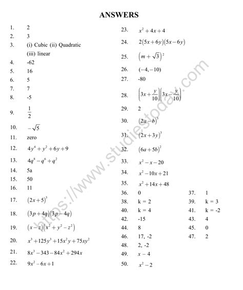 Cbse Class 9 Mental Maths Polynomials Worksheet