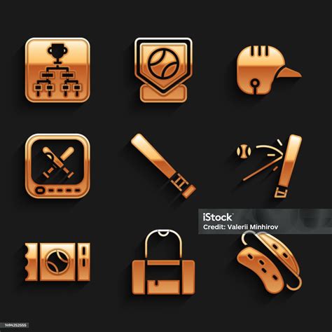 야구 방망이 스포츠 가방 핫도그 샌드위치 티켓 모니터 야구 경기 헬멧 및 챔피언십 토너먼트 브래킷 아이콘을 설정합니다 벡터 Championship에 대한 스톡 벡터 아트 및