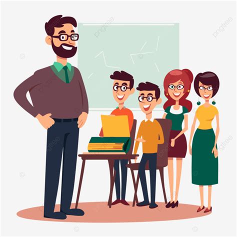 مدرس تعليم المتجه ملصق قصاصة فنية المعلم مع طلابه كرتون ملصق قصاصة