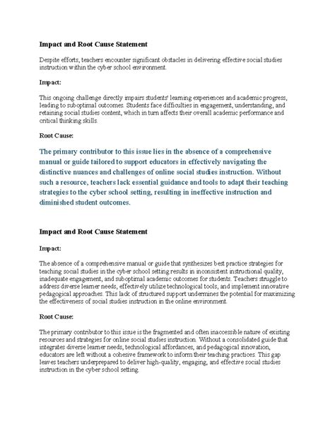 Impact And Root Cause Statement Impact And Root Cause Statement Despite Efforts Teachers