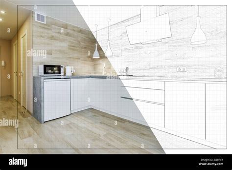 Interior Of Modern Kitchen In Flat Apartment In Minimalistic Style With