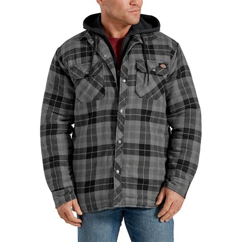 Dickies Big Mens Dark Gray Plaid Hooded Puffy Zip Jacket