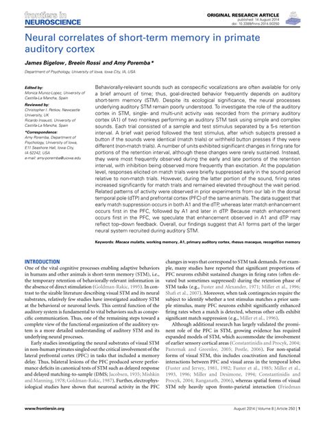 Pdf Neural Correlates Of Short Term Memory In Primate Auditory Cortex