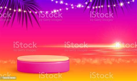 3d 무대와 야자수가 있는 여름 해변 배경 화려한 여름 풍경입니다 벡터 그림 0명에 대한 스톡 벡터 아트 및 기타 이미지 0명 3차원 형태 강단 Istock