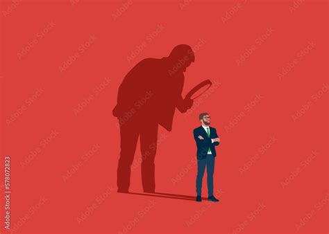Businessman With Shadow Using Magnifying Glass To Analyze Himself Self