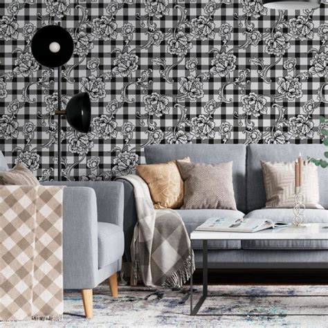 Papel De Parede Adesivo Xadrez Com Flores N