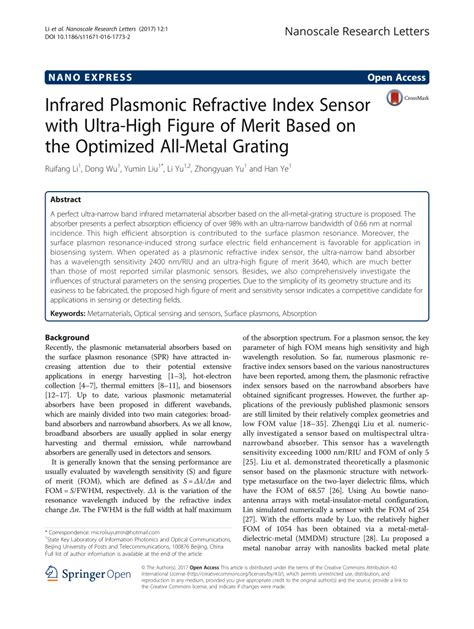 Pdf Infrared Plasmonic Refractive Index Sensor With Ultra High Figure