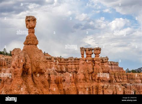 A Natural Rock Formation Of Red Rocks Hoodoos In Bryce Canyon National