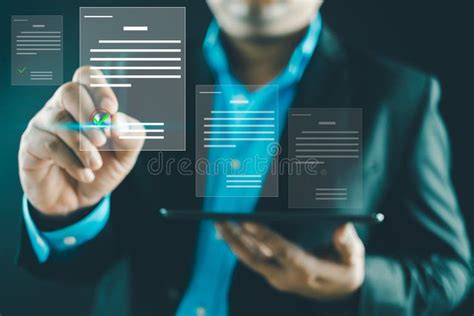 Digital Document Management And Paperless Workflow Businessman Sign Virtual Documents Interface