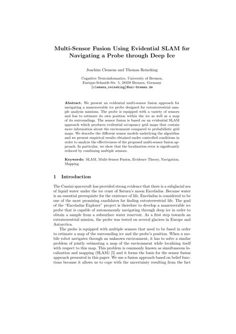 Pdf Multi Sensor Fusion Using Evidential Slam For Navigating A Probe Through Deep Ice