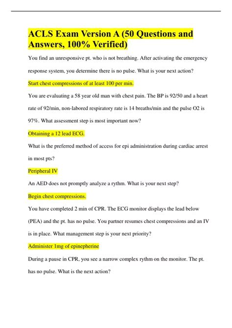 Acls Exam Version A 50 Questions And Answers 100 Verified Newly