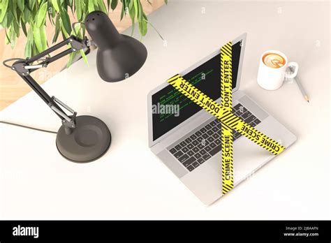 A Notebook With A Message That The Data Has Been Encrypted And A Warning Tape Crime Scene Don