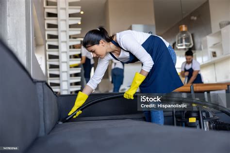 아파트에서 일하는 동안 소파를 진공 청소기로 청소하는 전문 청소기 소파에 대한 스톡 사진 및 기타 이미지 소파 호텔룸 관리 직원 진공청소기 Istock