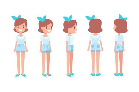애니메이션에 대 한 여자 여자 전면 후면 보기 평면 벡터 문자 별도의 신체 부위 프리미엄 벡터