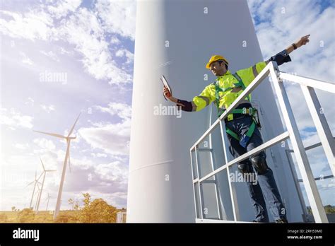 Wind Turbine Technician Checking Service Engineer Team Professional