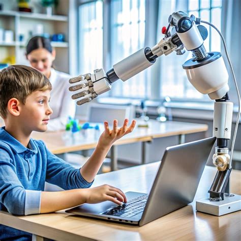 Robot Arm Touches Human Hand In Science Classroom Robotics Programing Concept Premium Ai