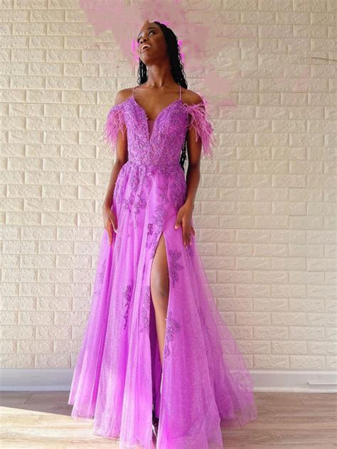 Off Shoulder Purple Lace Long Prom Dresses With High Slit Purple Lace