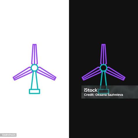 흰색과 검은색 배경에 격리된 녹색 및 보라색 선 풍력 터빈 아이콘 풍력 발전기 기호 전력 생산을 위한 풍차 벡터 일러스트레이션 개발에 대한 스톡 벡터 아트 및 기타 이미지