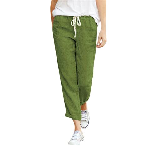 Cotton Linen Pants For Women Elastic High Waist Drawstring Lounge