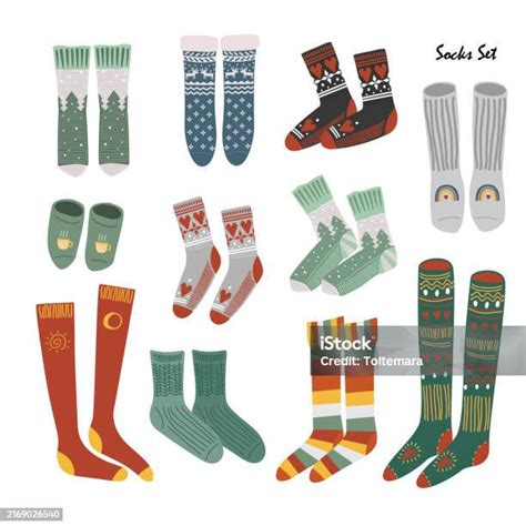 페어리 모직 니트 양말 컬렉션 아늑한 크리스마스와 겨울 상징 장식 크리스마스 스타킹 세트 벡터 고립 그림 개인 장식품에 대한 스톡 벡터 아트 및 기타 이미지 Istock