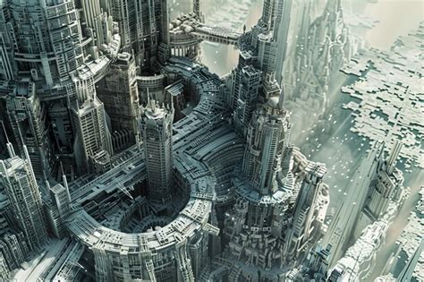 Futuristic Cityscape Featuring Intricate Architecture And Icy Landscapes With Towering