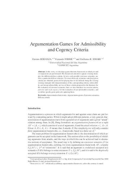 Pdf Argumentation Games For Admissibility And Cogency Criteria