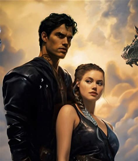 A Man And Woman Standing Next To Each Other In Front Of A Sky With Clouds