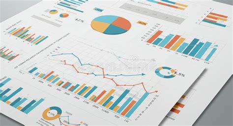 Documents With Various Graphs And Charts Including Pie Charts Line Graphs And Bar Stock
