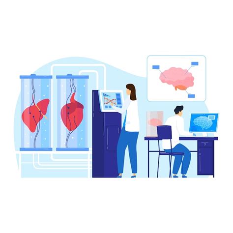의학 과학 작업 벡터 일러스트 레이 션에서 인간 장기 의사에 대 한 의료 연구 실험실에서 만화 사람들 과학자 프리미엄 벡터