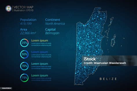 벨리즈 지도 인포그래픽 벡터 템플릿은 파란색 배경에 추상적인 기하학적 메쉬 다각형 조명 개념을 가지고 있다 다이어그램 그래프