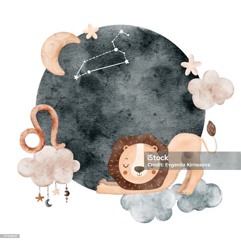 조디악 사인 사자자리 구름 별 달 별자리 카드 포스터 장식을 사용한 수채화 어린이 구성 텍스트 배치 0명에 대한 스톡 벡터 아트