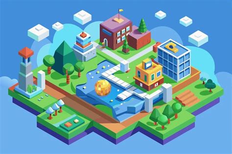 Explore A Colorful Isometric World Layout With Diverse Buildings A Pond And Lush Greenery All