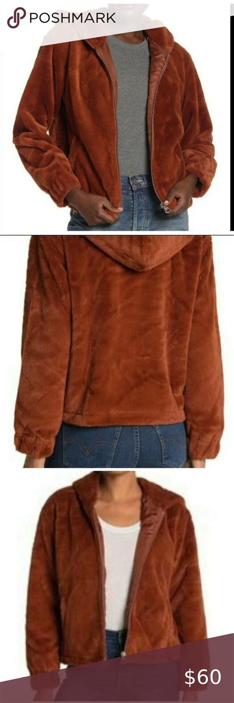 Coffeeshop Womens Large Rust Faux Fur Hooded Jacket Coat Faux Fur