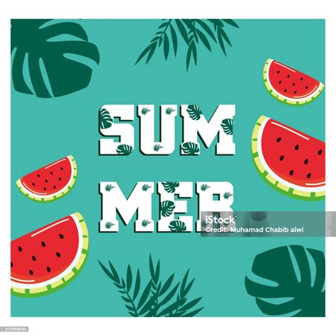 몬스테라 잎 야자수 잎 수박으로 인사하는 여름철 평면 벡터 현대 일러스트 레이 션 개념에 대한 스톡 벡터 아트 및 기타 이미지 개념 개념과 주제 건강한 식생활