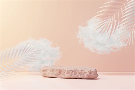 열대 나뭇잎과 푸른 하늘 구름 파스텔과 식물 장면이 있는 추상 받침대 연단 디스플레이의 3d 렌더링 광고를 위한 제품 및 판촉 개념 블루 파스텔 자연 배경입니다 0명에 대한