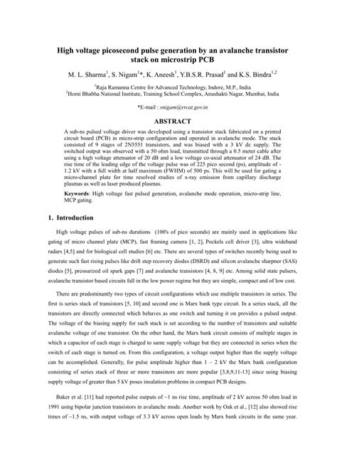 Pdf High Voltage Picosecond Pulse Generation By An Avalanche Transistor Stack On Microstrip Pcb