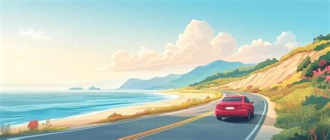 Coastal Road Trip Journey Flat Design Side View Vacation Theme Animation Vivid Premium Ai