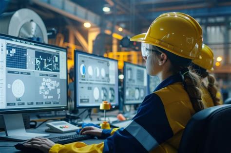 Female Engineer Working At A Control Room In An Industrial Plant Monitoring Data On Multiple